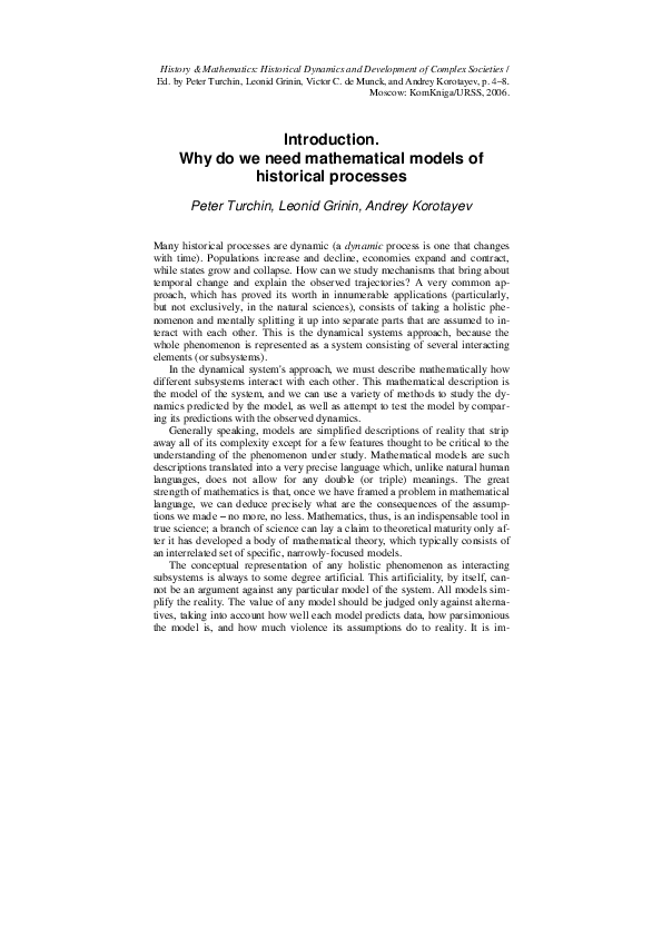 (PDF) Introduction. Why do we need mathematical models of historical ...