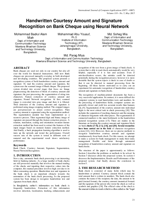 (PDF) Handwritten Courtesy Amount and Signature Recognition on Bank ...