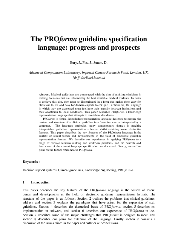 (PDF) The PROforma guideline specification language: progress and prospects