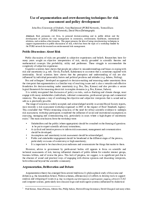 (PDF) Use of argumentation and crowdsourcing techniques for risk assessment and policy development