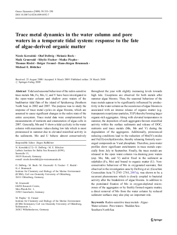 (PDF) Trace metal dynamics in the water column and pore waters in a temperate tidal system ...