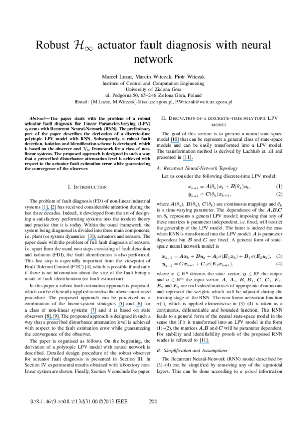 Pdf Robust H∞ Actuator Fault Diagnosis With Neural Network