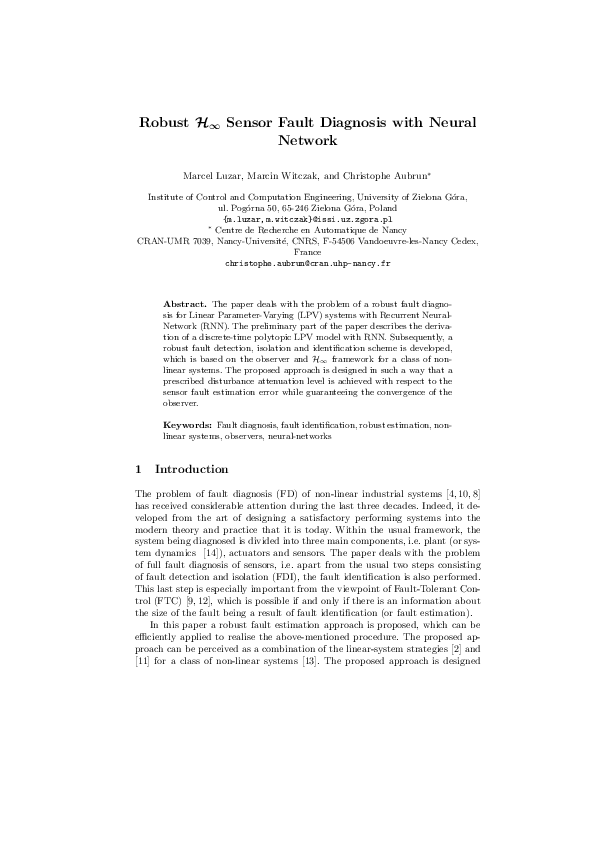 Pdf Robust Mathcal H Infty Sensor Fault Diagnosis With Neural