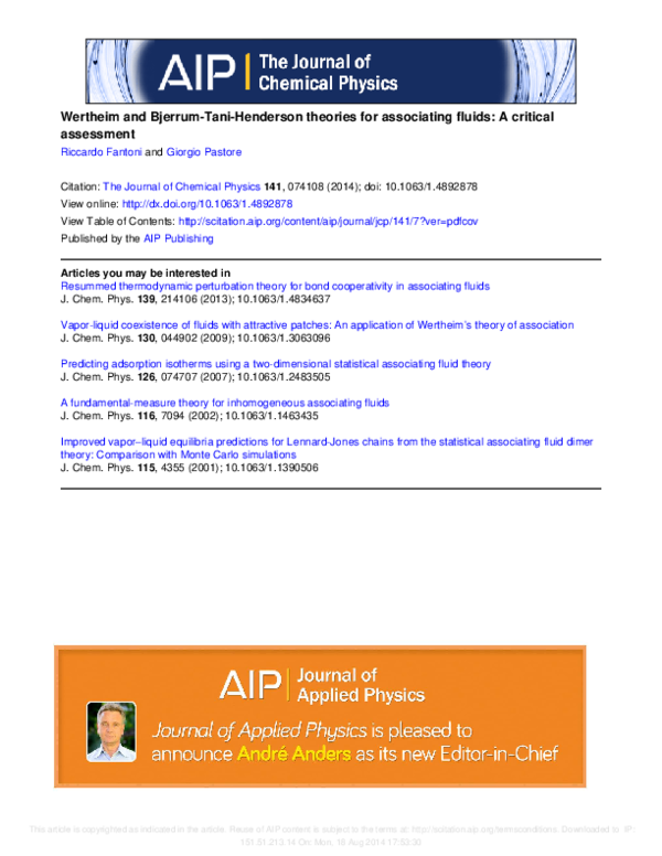 (PDF) Wertheim and Bjerrum-Tani-Henderson theories for associating fluids: a critical assessment