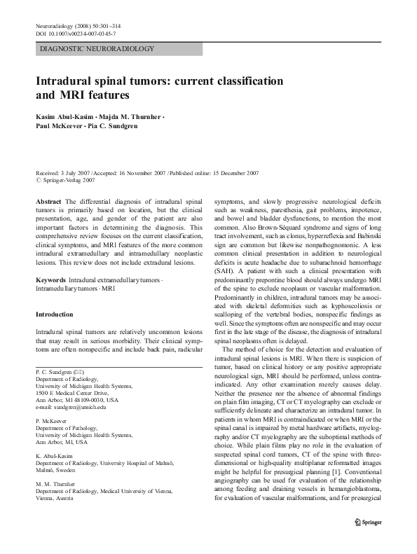 (PDF) Intradural spinal tumors: current classification and MRI features