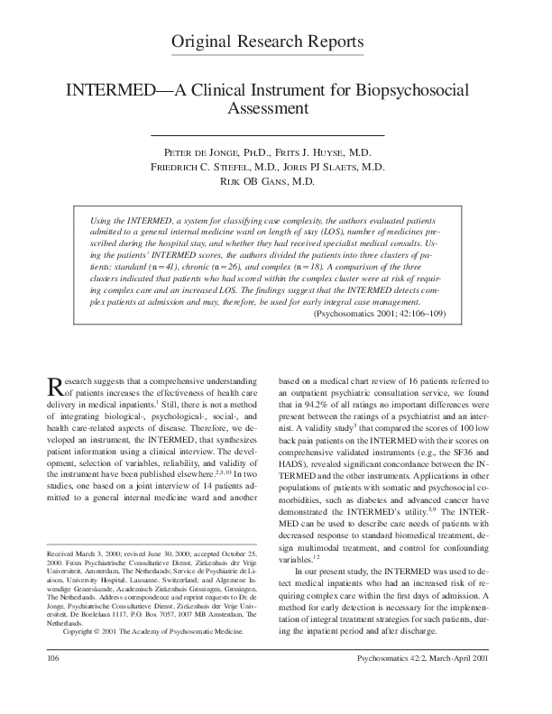 (PDF) INTERMED—A Clinical Instrument for Biopsychosocial Assessment