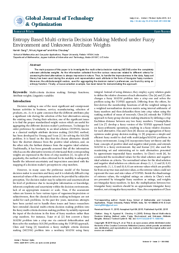 Pdf Entropy Based Multi Criteria Decision Making Method Under Fuzzy Environment And Unknown
