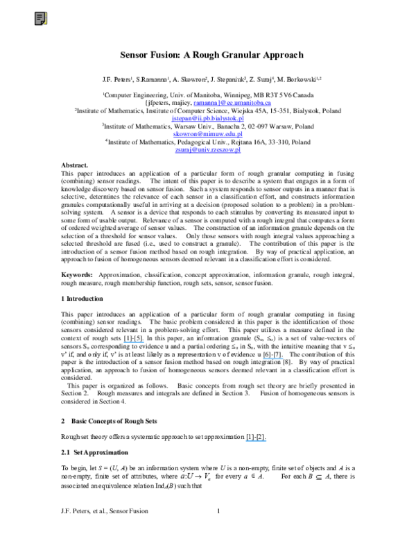(PDF) Sensor fusion: a rough granular approach
