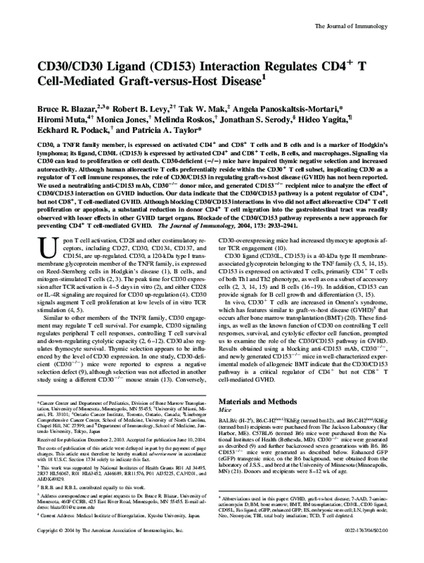 (PDF) CD30/CD30 Ligand (CD153) Interaction Regulates CD4+ T Cell ...