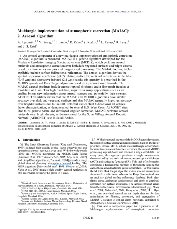 (PDF) Multiangle implementation of atmospheric correction (MAIAC): 2. Aerosol algorithm