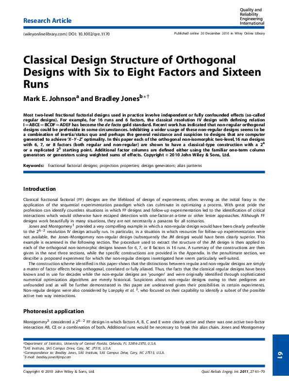 (PDF) Classical design structure of orthogonal designs with six to ...