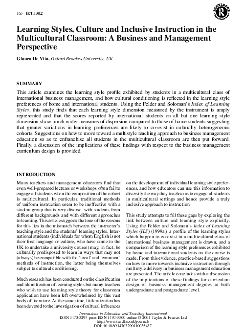 (PDF) Learning Styles, Culture and Inclusive Instruction in the Multicultural Classroom: A ...