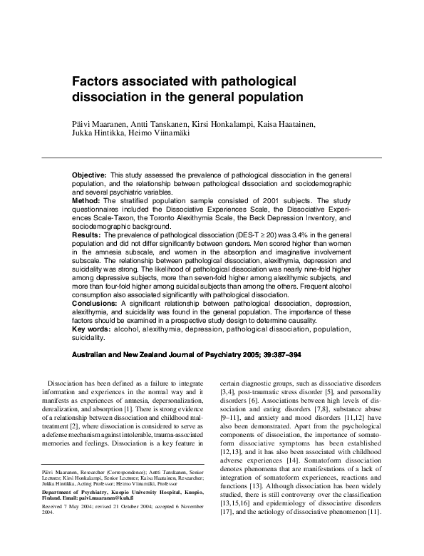 (PDF) Factors associated with pathological dissociation in the general ...