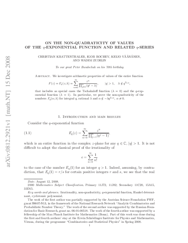 (PDF) On the non-quadraticity of values of the q-exponential function and related q-series