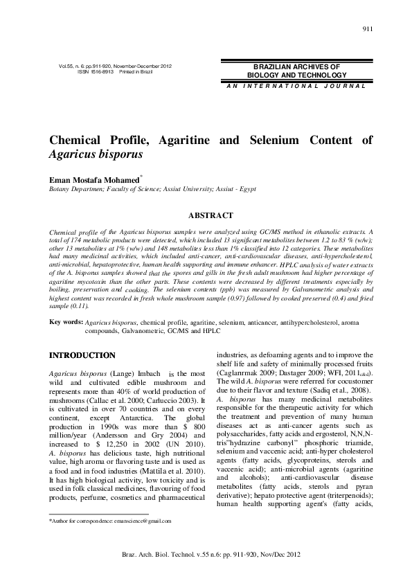 (PDF) Chemical Profile, Agaritine and Selenium Content of Agaricus bisporus