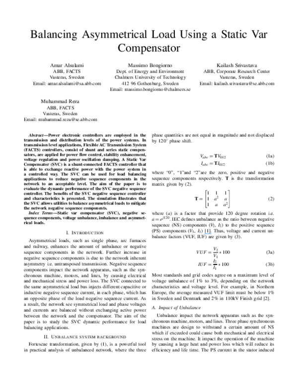 Pdf Balancing Asymmetrical Load Using A Static Var Compensator