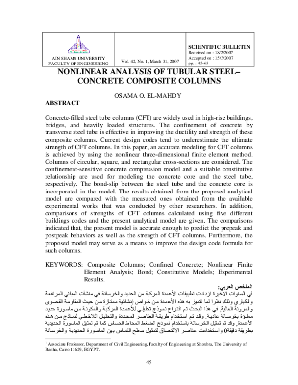 Pdf Nonlinear Analysis Of Tubular Steel Concrete Composite Columns