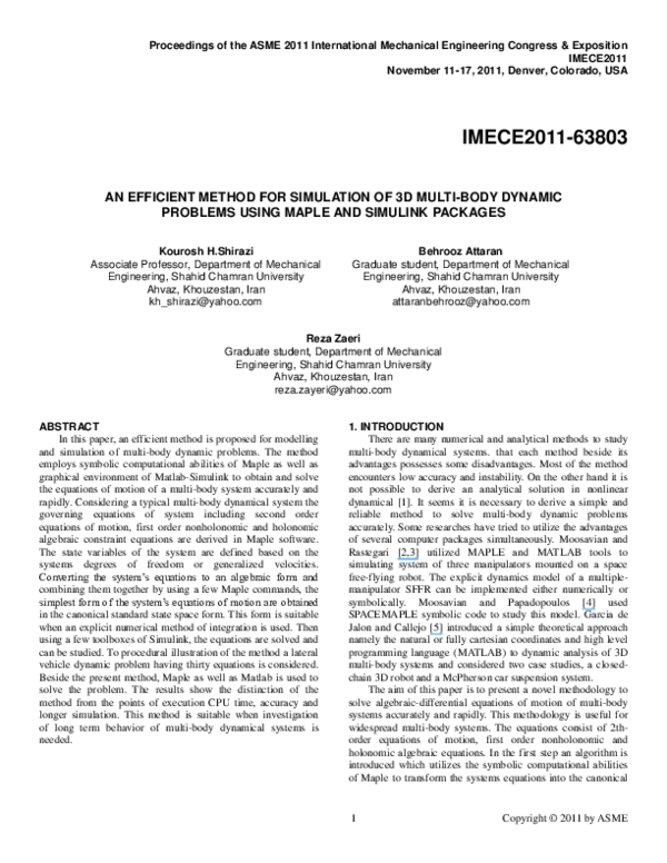 Pdf An Efficient Method For Simulation Of 3d Multi Body Dynamic Problems Using Maple And