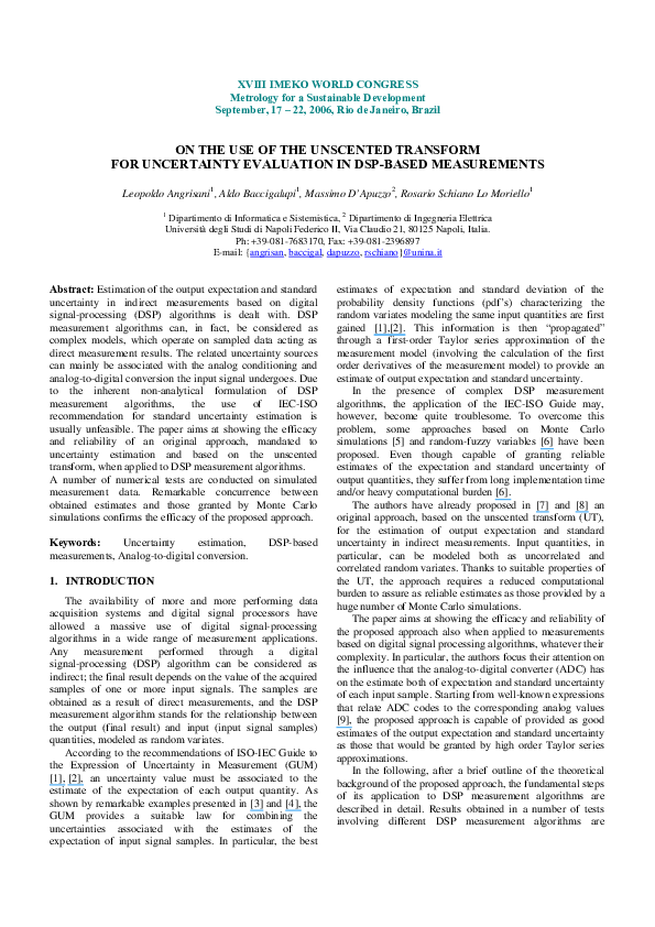 (PDF) ON THE USE OF THE UNSCENTED TRANSFORM FOR UNCERTAINTY EVALUATION IN DSP-BASED MEASUREMENTS