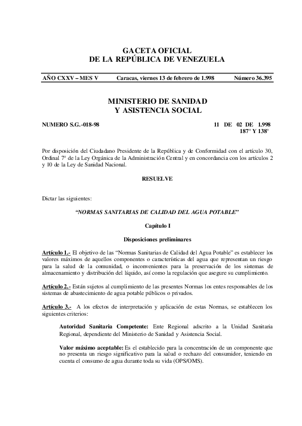 (PDF) Normas de Calidad del agua en Vzla