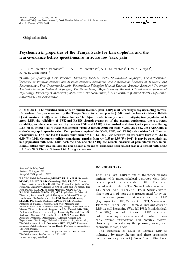 (PDF) Psychometric properties of the Tampa Scale for kinesiophobia and ...