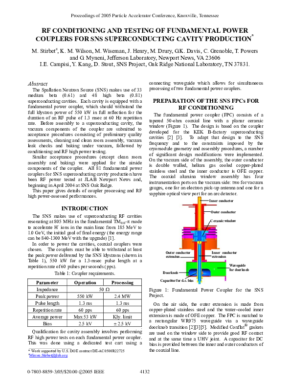 Pdf Rf Conditioning And Testing Of Fundamental Power Couplers For Sns Superconducting Cavity