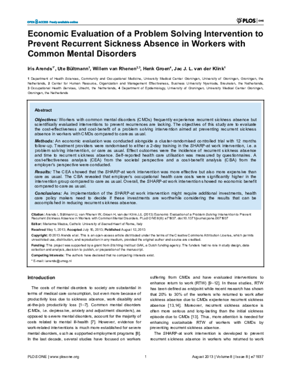 (PDF) Economic Evaluation of a Problem Solving Intervention to Prevent ...