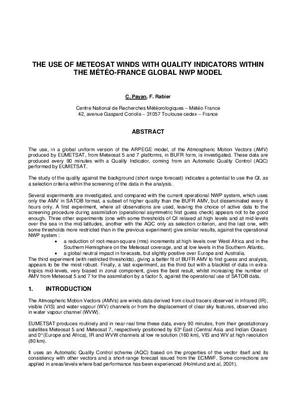 (PDF) THE USE OF METEOSAT WINDS WITH QUALITY INDICATORS WITHIN THE ...