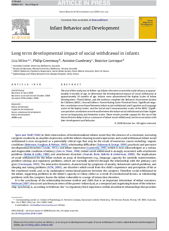 (PDF) Long term developmental impact of social withdrawal in infants