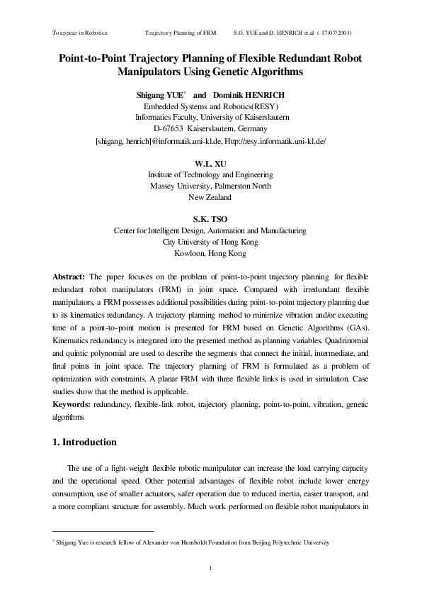 (PDF) Point-to-Point trajectory planning of flexible redundant robot manipulators using genetic ...