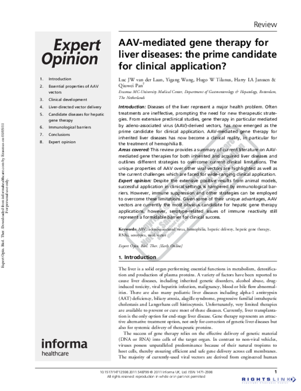 (PDF) AAV-mediated gene therapy for liver diseases: the prime candidate ...