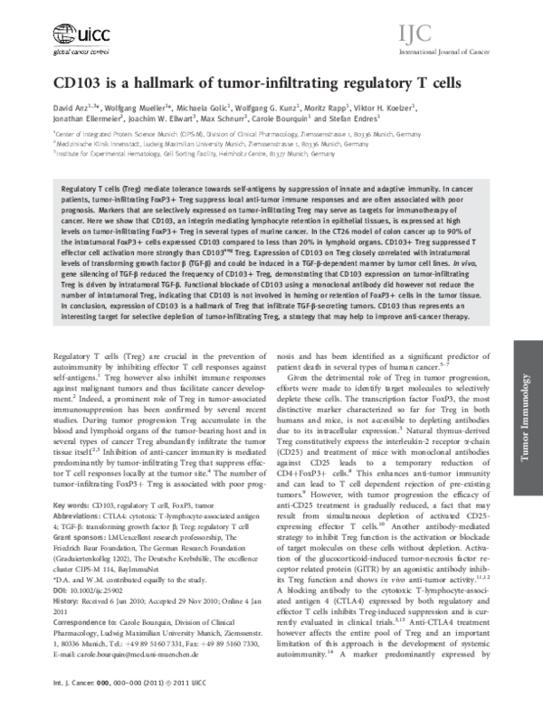 (PDF) CD103 is a hallmark of tumor-infiltrating regulatory T cells