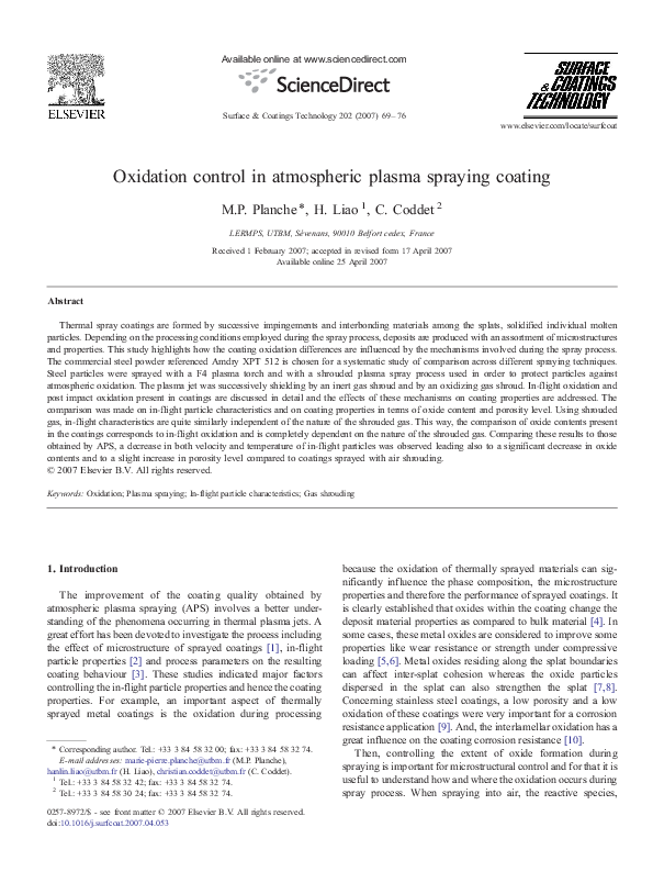 (PDF) Oxidation control in atmospheric plasma spraying coating