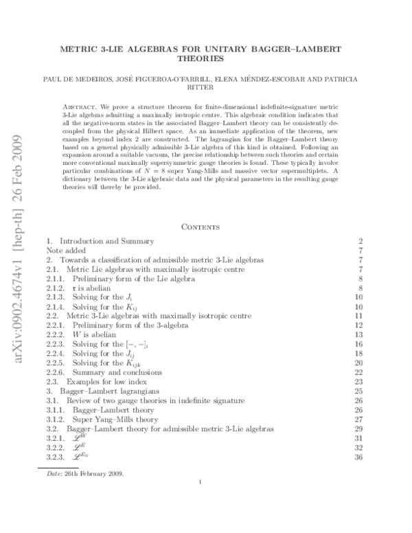 (PDF) Metric 3-Lie algebras for unitary Bagger-Lambert theories