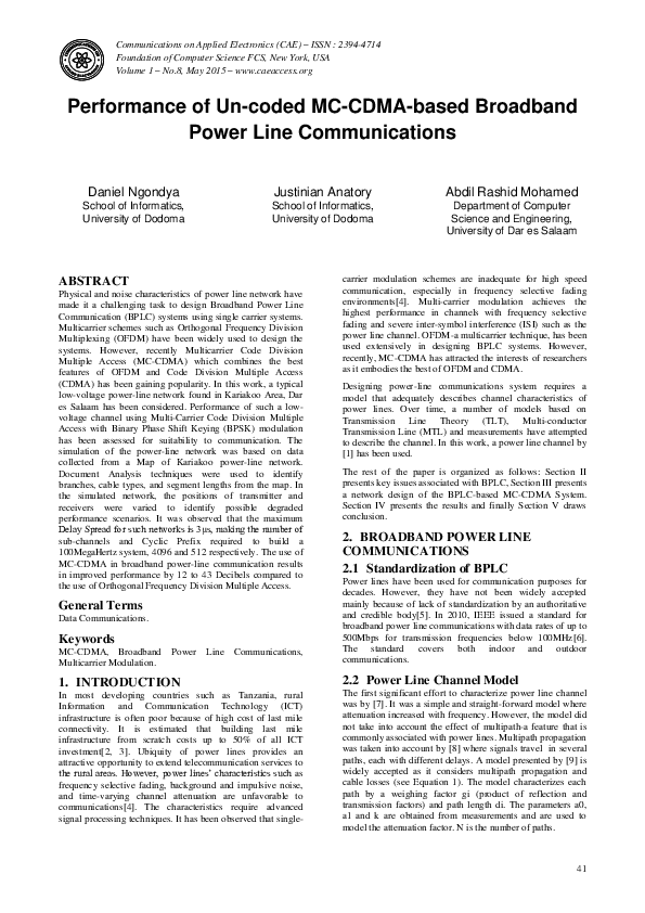 Pdf Performance Of Un Coded Mc Cdma Based Broadband Power Line Communications