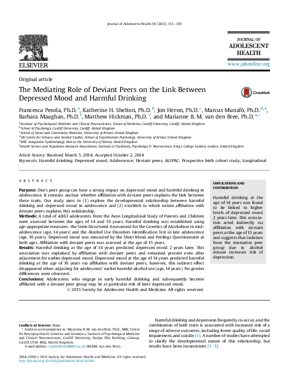 (PDF) The Mediating Role of Deviant Peers on the Link Between Depressed ...