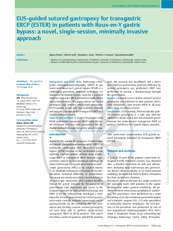 (PDF) Endoscopic ultrasound-directed transgastric ERCP (EDGE) for Roux ...