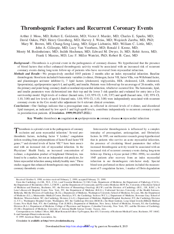 (PDF) Thrombogenic Factors and Recurrent Coronary Events