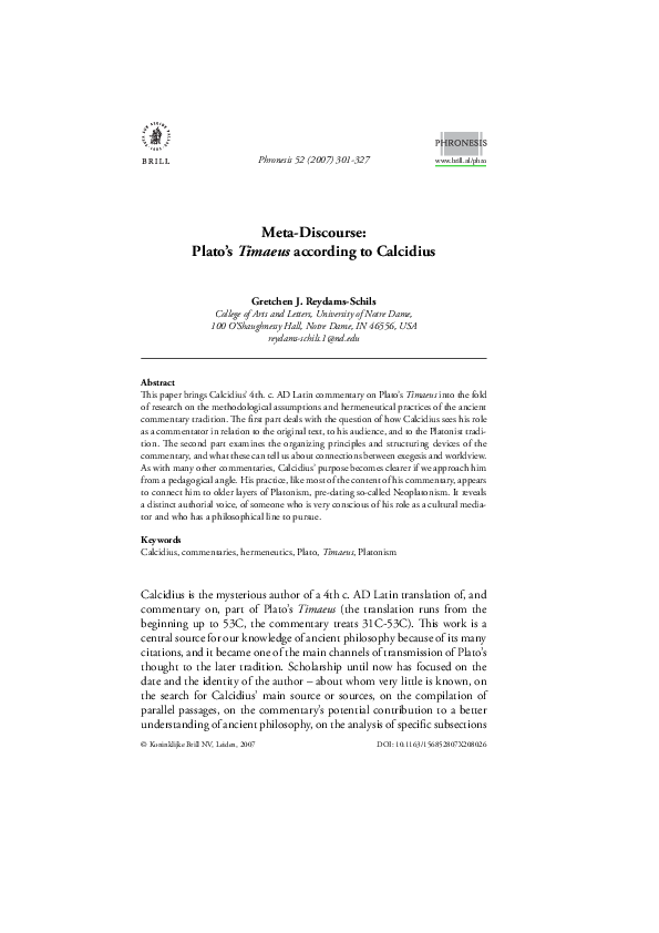 (PDF) Meta-discourse: Plato's Timaeus according to Calcidius
