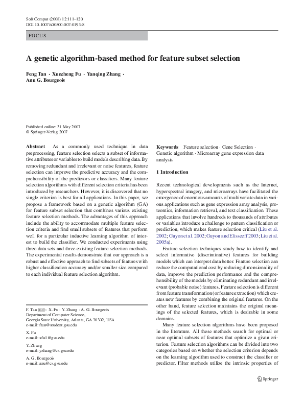 Pdf A Genetic Algorithm Based Method For Feature Subset Selection