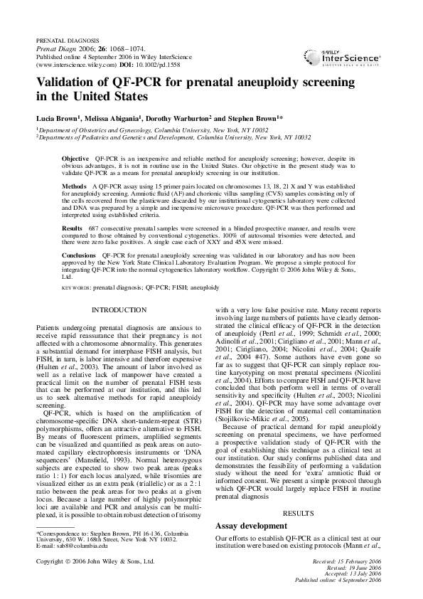 (PDF) Validation of QF-PCR for prenatal aneuploidy screening in the ...