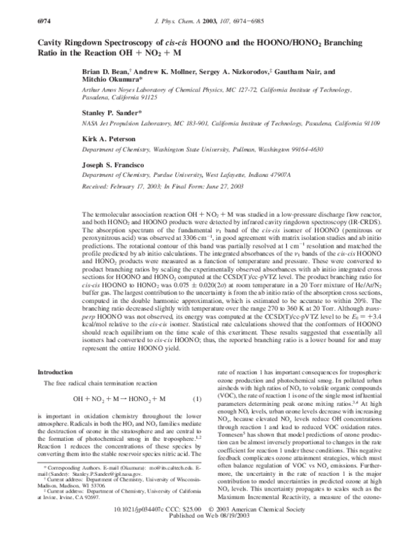 (PDF) Cavity Ringdown Spectroscopy of cis-cis HOONO and the HOONO/HONO ...