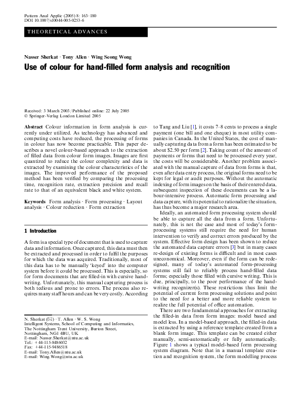 (PDF) Use of colour for hand-filled form analysis and recognition