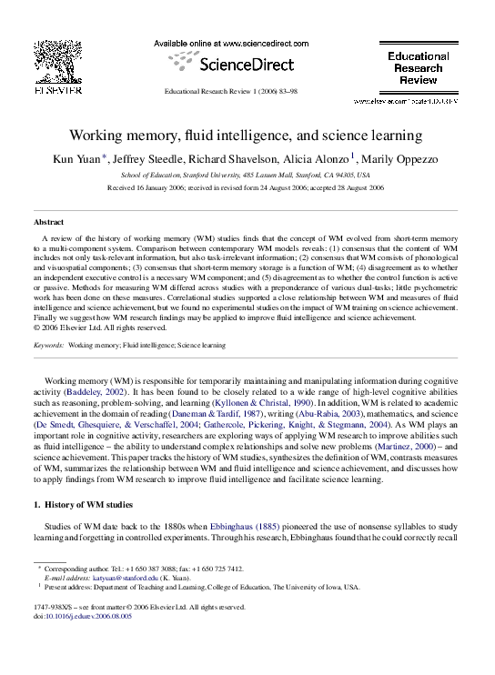 Pdf Working Memory Fluid Intelligence And Science Learning