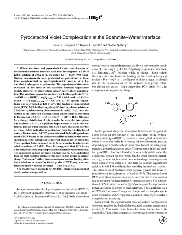 (PDF) Pyrocatechol Violet Complexation at the Boehmite–Water Interface