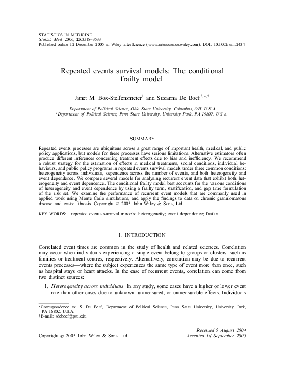 (PDF) Repeated events survival models: the conditional frailty model