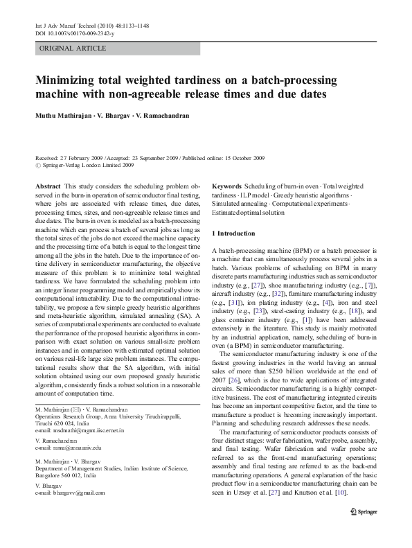 Pdf Minimizing Total Weighted Tardiness On A Batch Processing Machine With Non Agreeable 