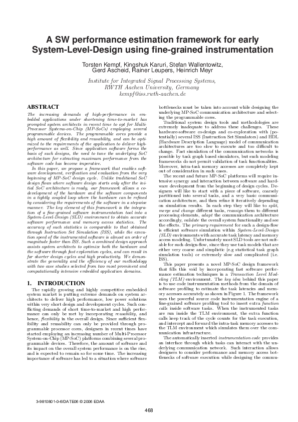 Pdf A Sw Performance Estimation Framework For Early System Level Design Using Fine Grained