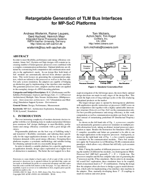 (PDF) Retargetable generation of TLM bus interfaces for MP-SoC platforms