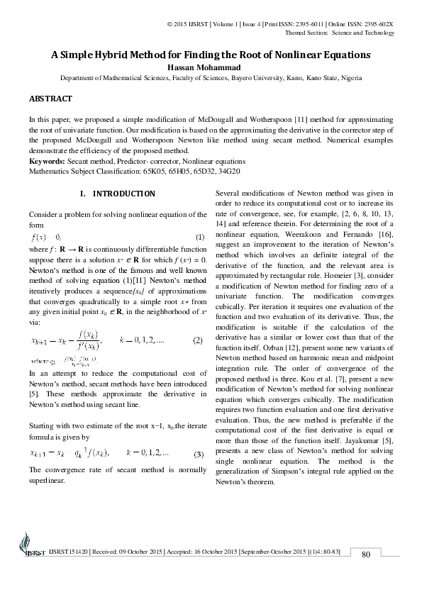 (PDF) A Simple Hybrid Method for Finding the Root of Nonlinear Equations